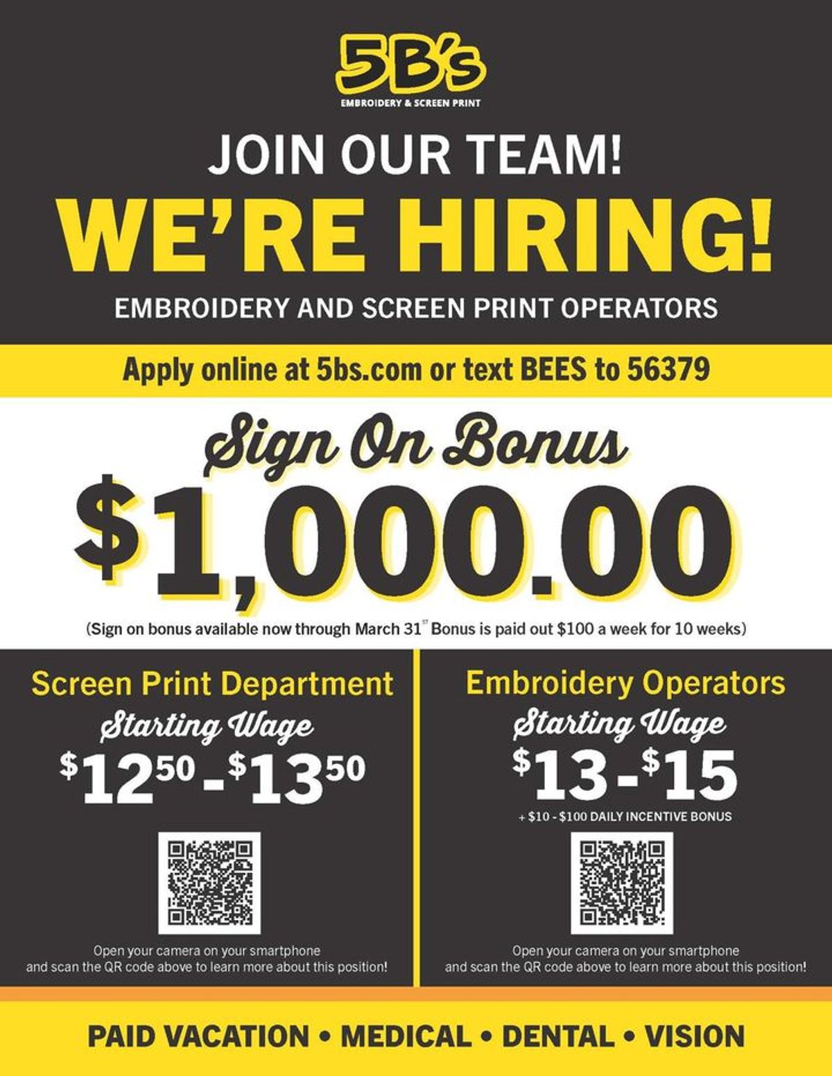 5B's is hiring! Apply online at 5bs.com,... - 5B's Embroidery And ...