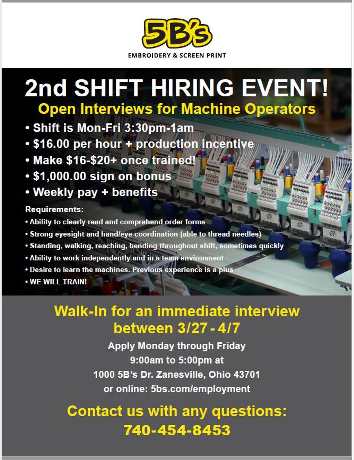 HIRING EVENT for AFTERNOON SHIFT MACHINE... - 5B's Embroidery And ...